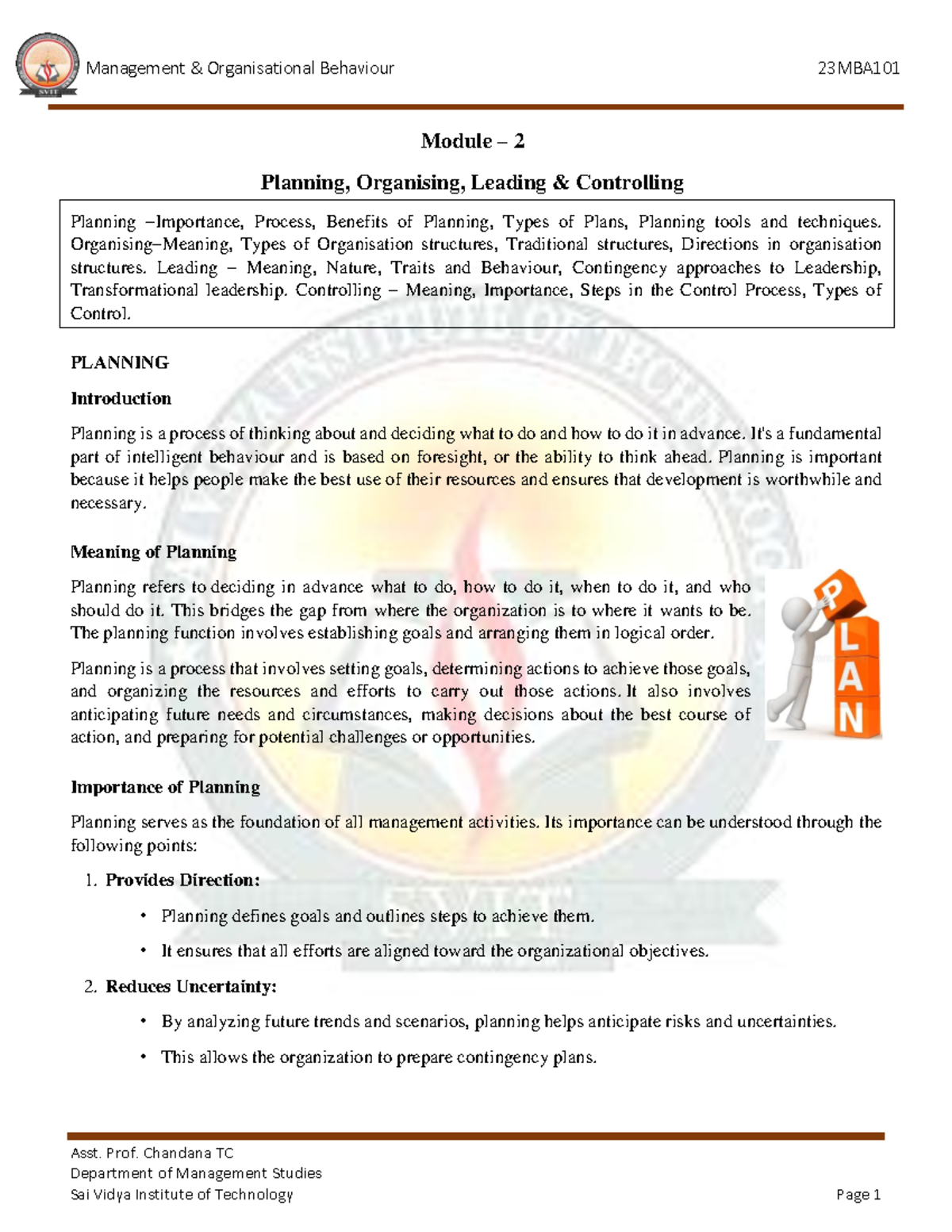 MOB 23MBA101 Chapter 2 Notes: Planning, Organizing, Leading ...