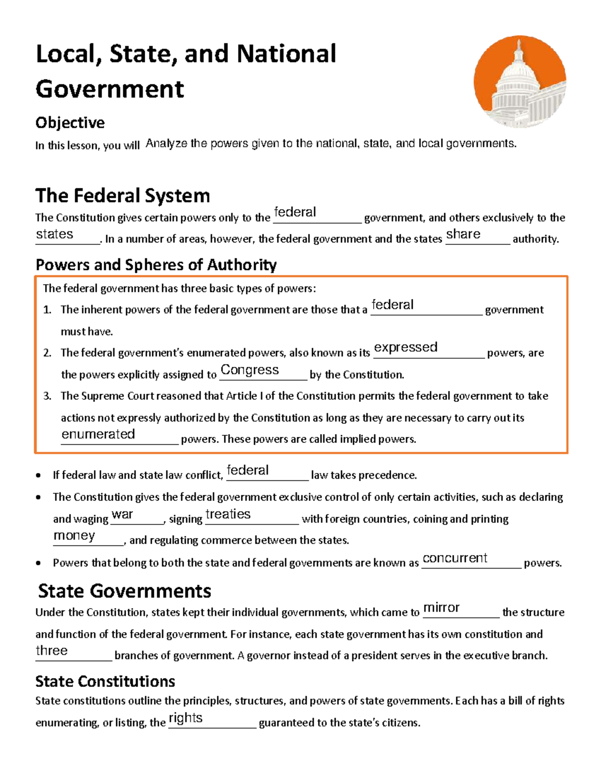 Local, State, and National Government Overview: Powers and Structures ...