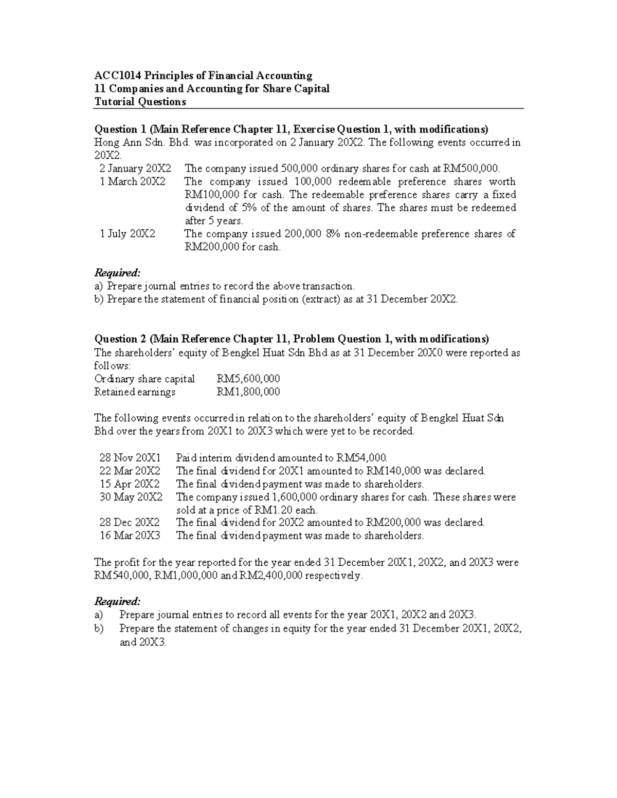 ACC1014 Financial Accounting Tutorial Questions on Share Capital - Studocu
