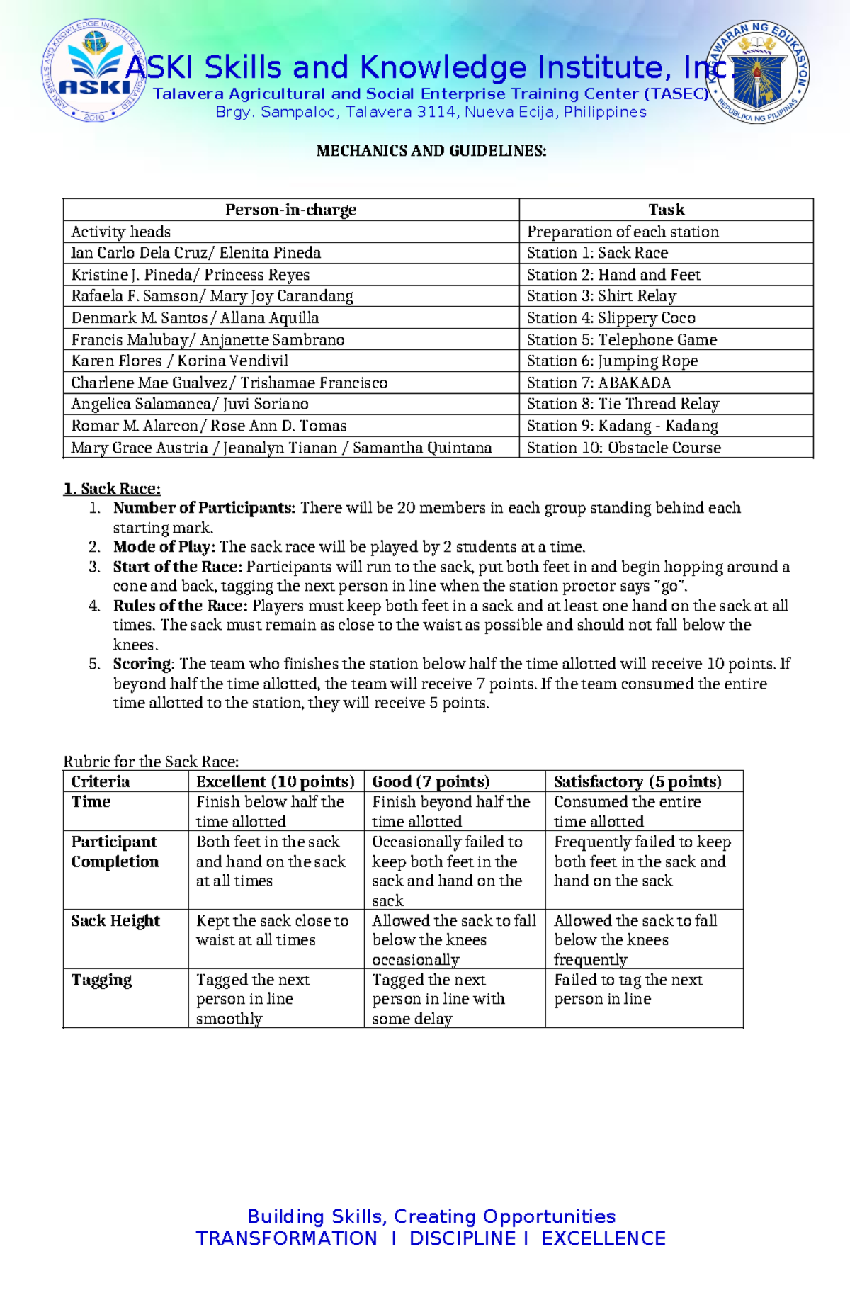 RACE Mechanics & Rubrics for Activities at TASEC Event - Studocu
