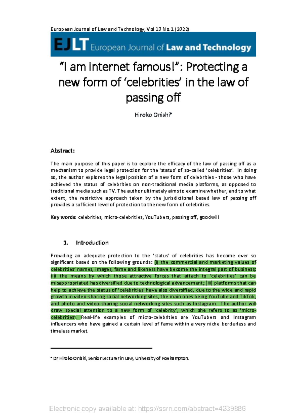 Legal Protection for Internet Celebrities: The Law of Passing Off (LAW ...