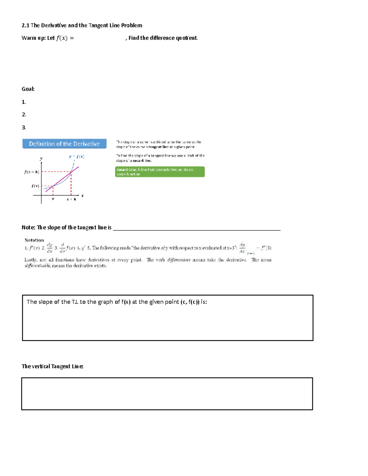 2.1 Calculating Derivatives & Tangent Lines: Classwork Notes - Studocu