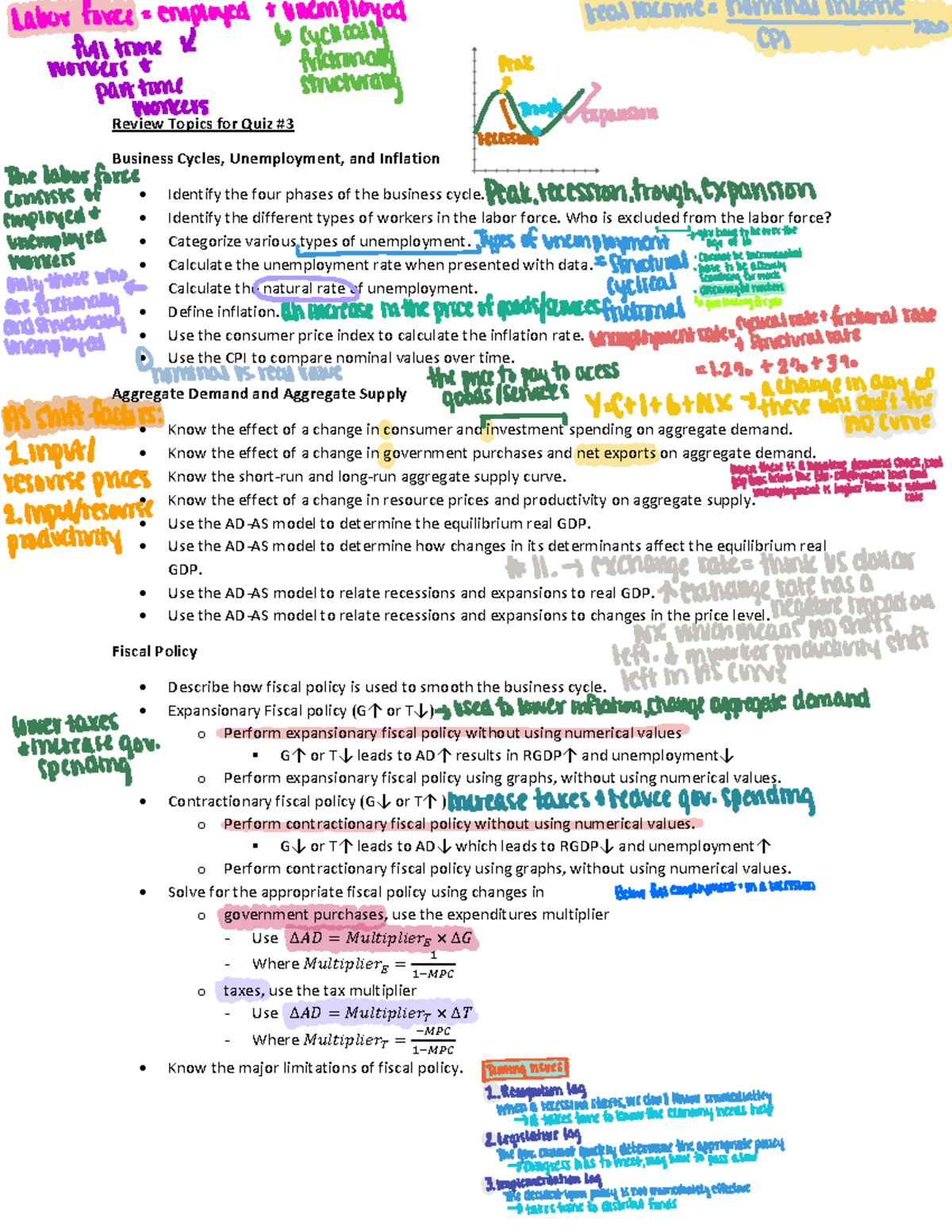 ECON EXAM 7 - Chapters include: 1. Business cycles, unemployment, and ...
