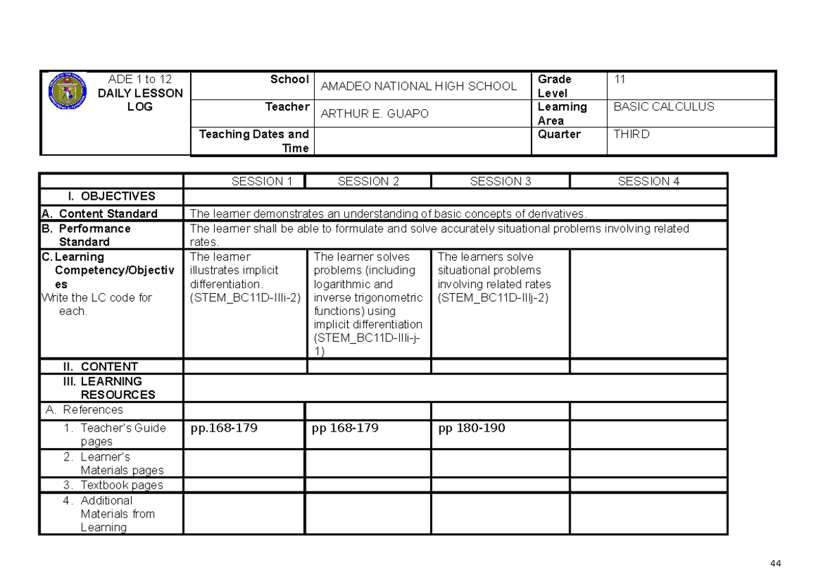 Calculus DLL WEEK 9 - ADE 1 to 12 DAILY LESSON LOG School AMADEO ...
