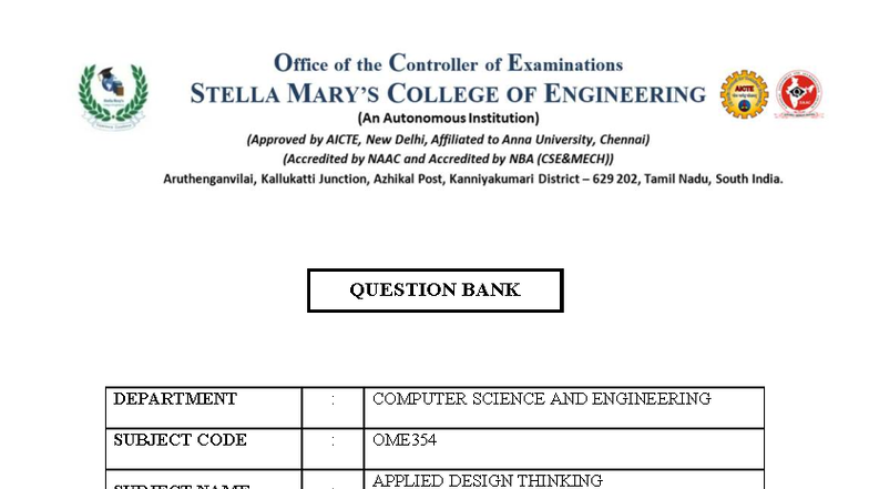 Question Bank: Applied Design Thinking (OME354) - Computer Science ...