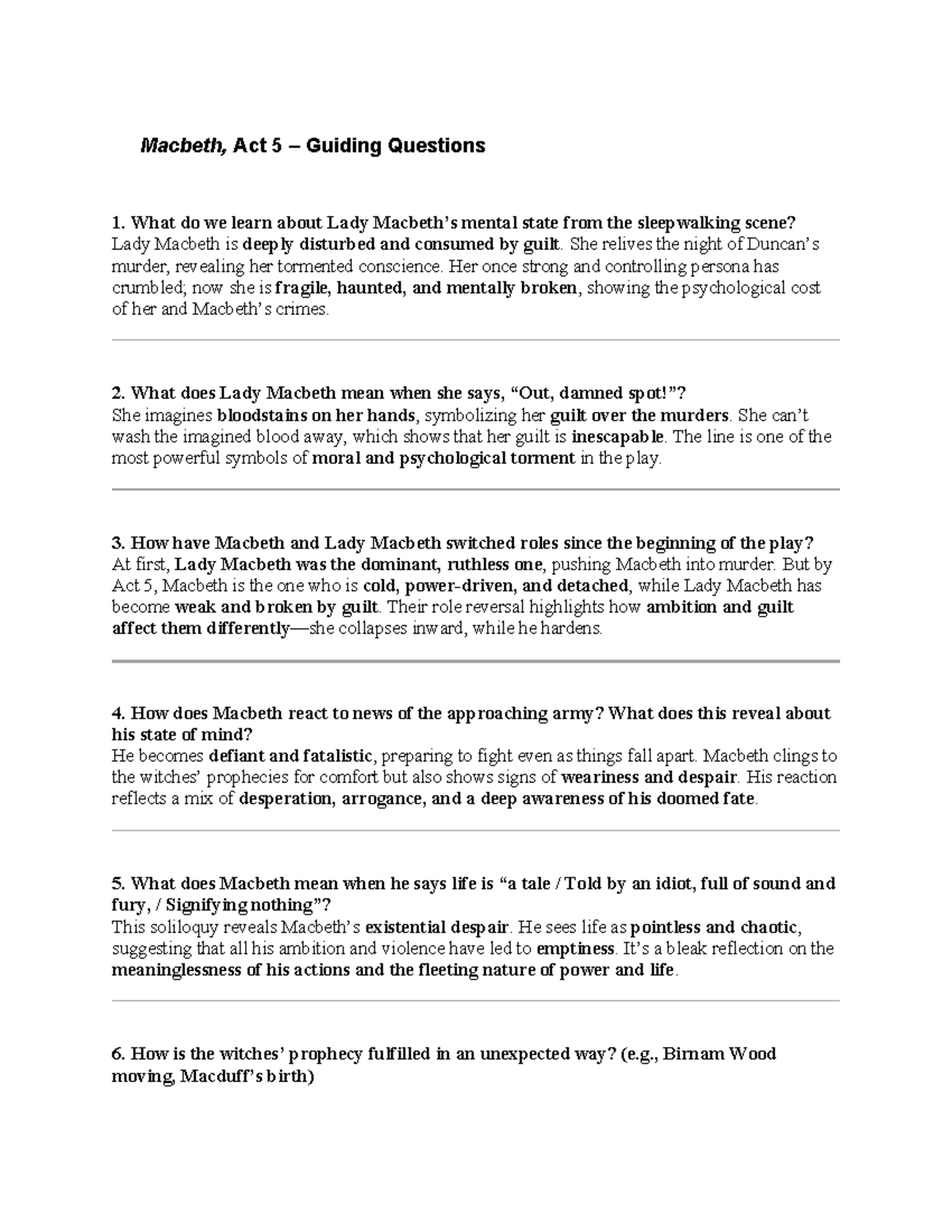 0.5 Macbeth, Act 5 - Study Questions and Analysis of Key Themes - Studocu
