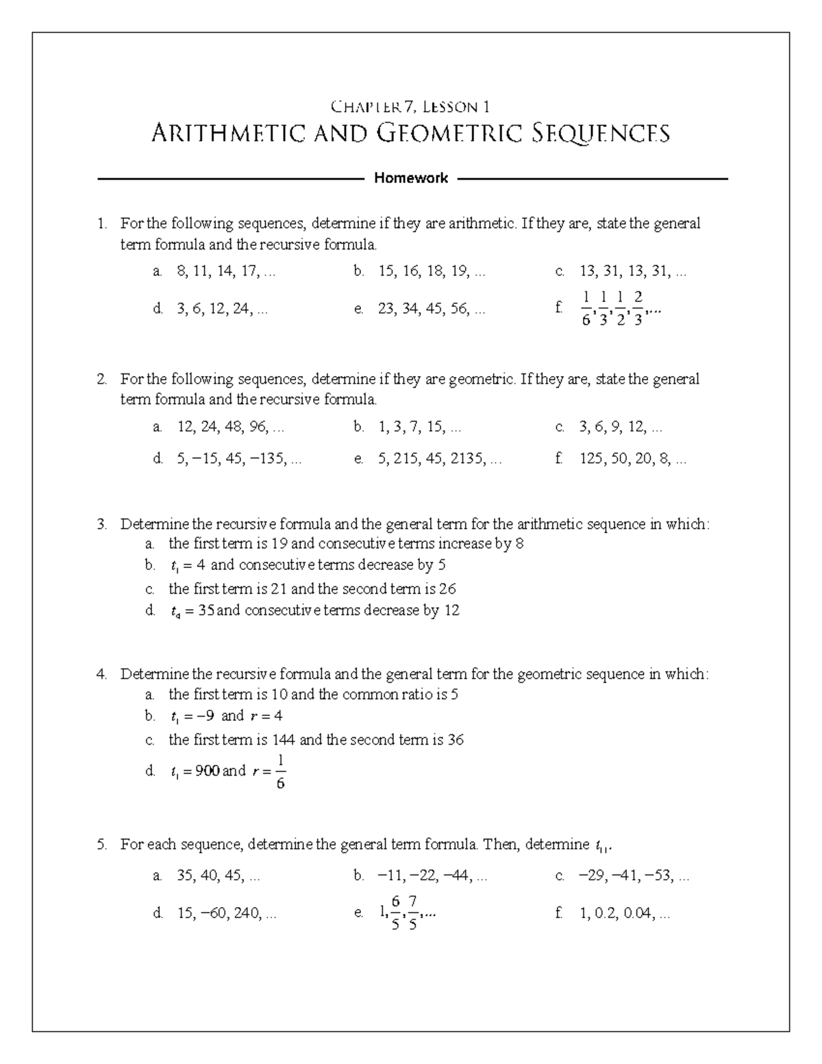Lesson 1 - Arithmetic & Geometric Sequences Homework - Studocu