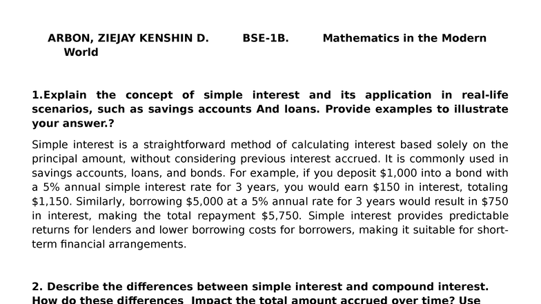 MATH 101: Understanding Simple vs. Compound Interest Concepts - Studocu