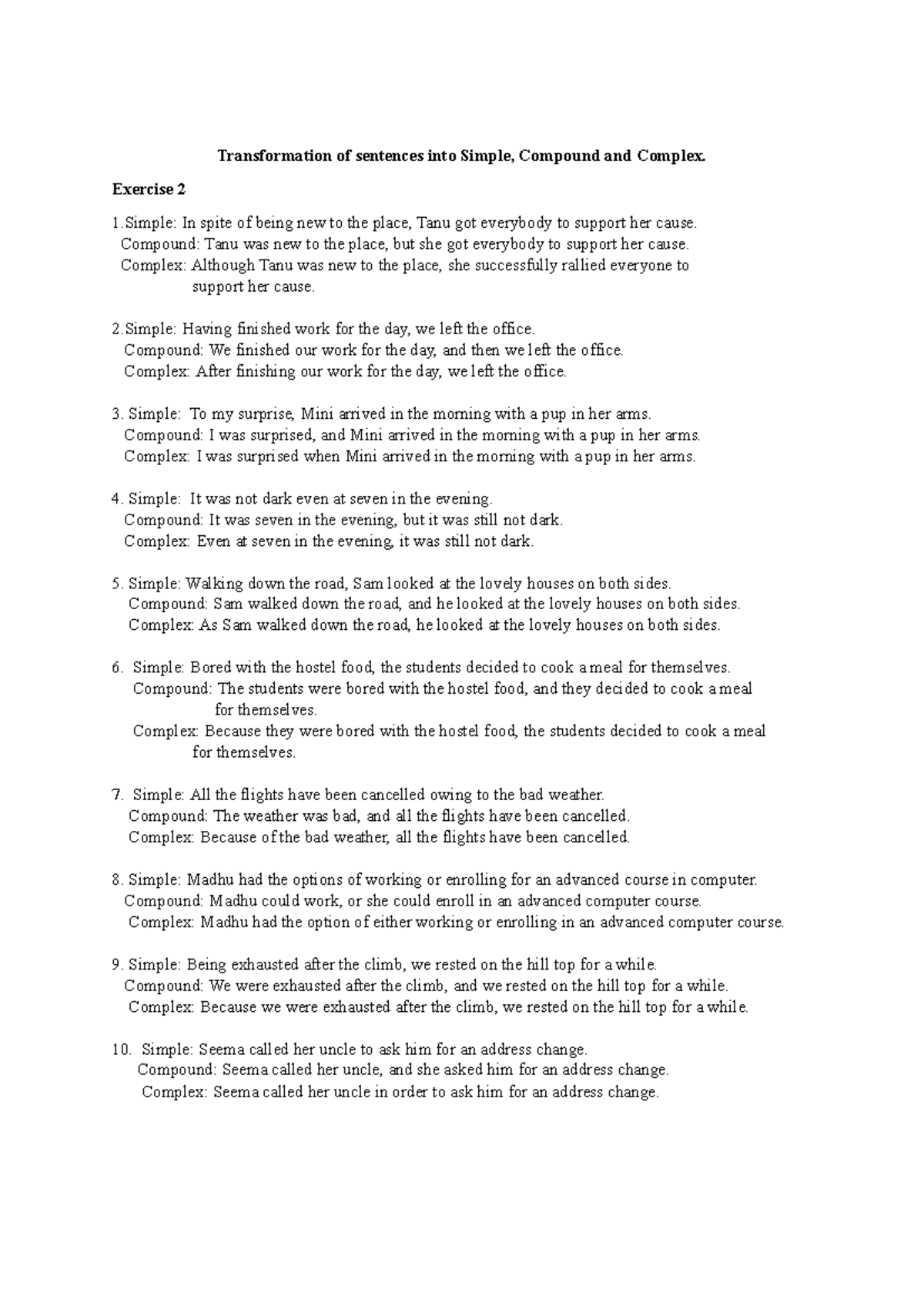 Transformation of Sentences: Simple, Compound, and Complex Exercises ...