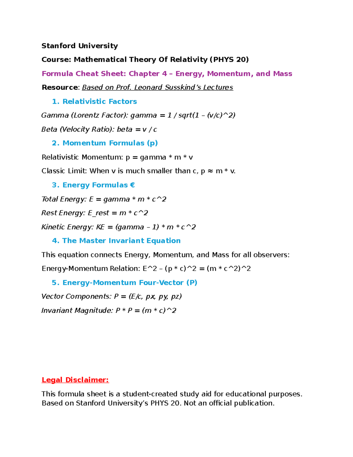 Stanford PHYS 20 Final Exam Cheat Sheet: Ch 4 Energy & Momentum - Studocu