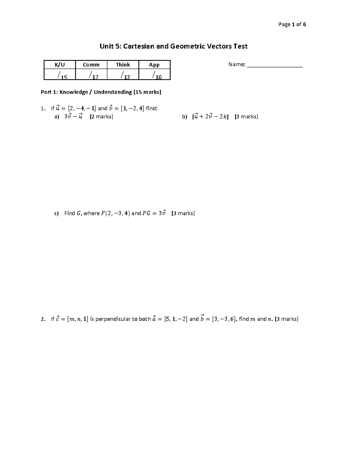 MCV4U Unit 5 Test: Cartesian & Geometric Vectors Insights - Studocu