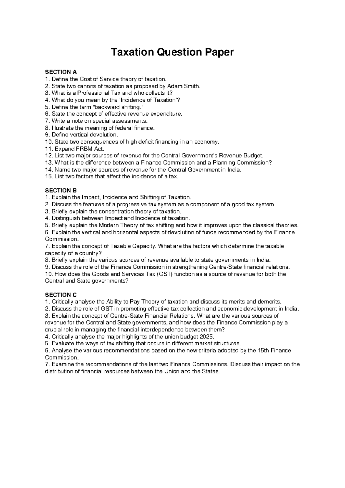 Taxation Questions - Practice for Exam Preparation - Studocu