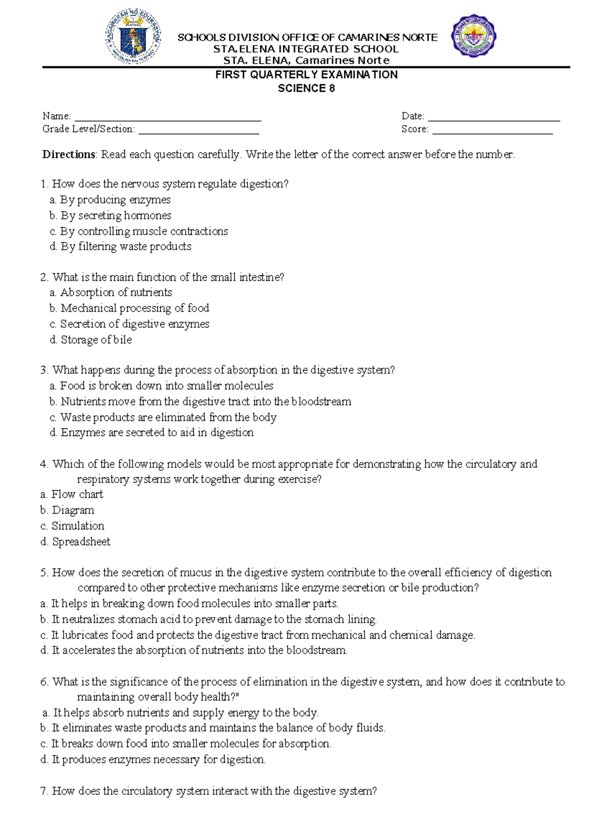 SCI 8 Q1 - Science Final Exam Review and Practice Questions - Studocu