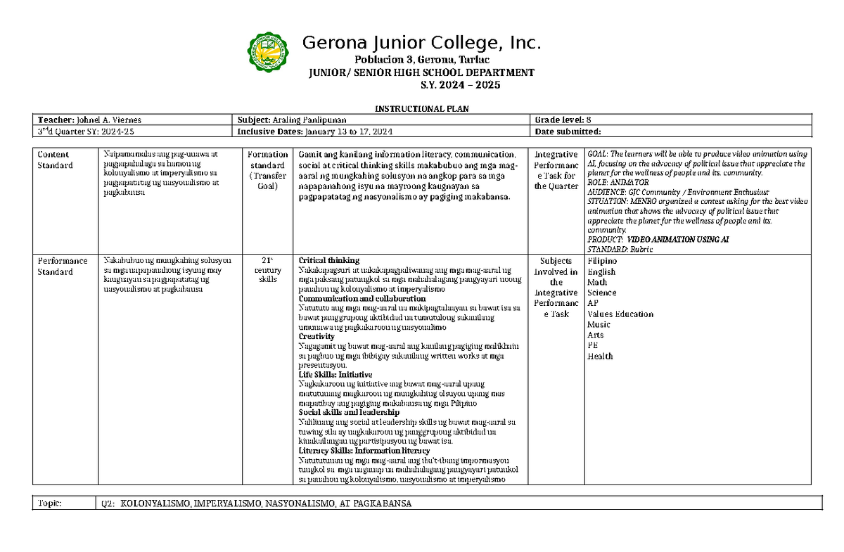 IP-AP8 - lesson plan for grade 8 - Gerona Junior College, Inc ...