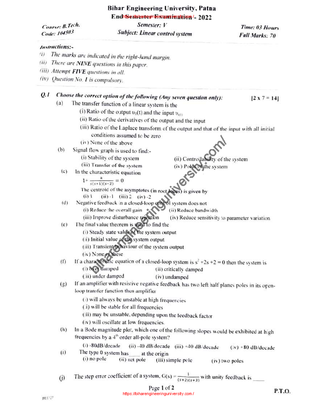 BEU ECE 5 SEM Linear Control System Examination Paper 104503 2022 - Studocu
