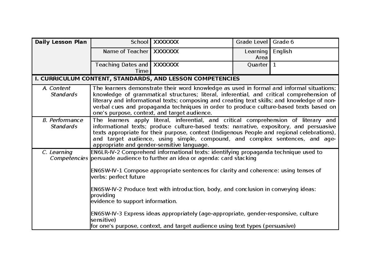 Grade 6 English Lesson Plan: Persuasive Text Writing Activities - Studocu