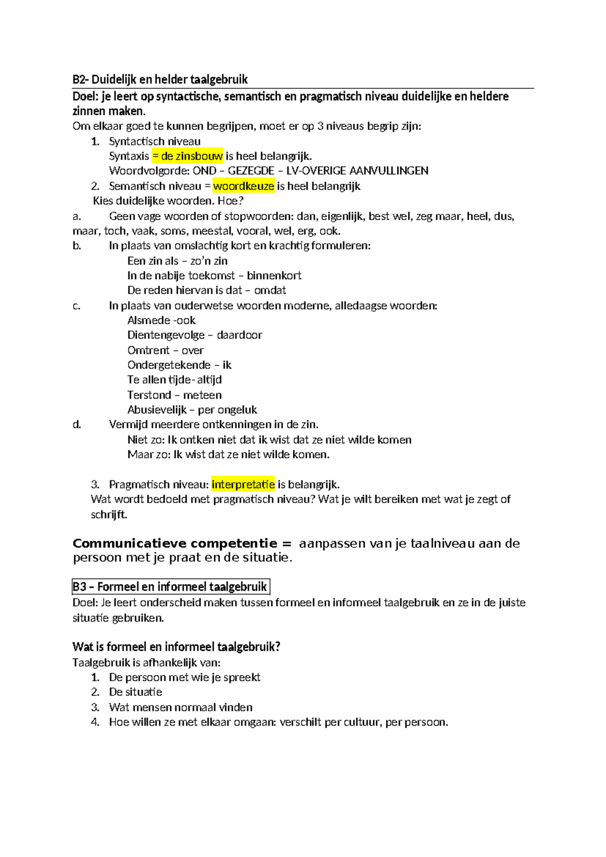 Taalverzorging B2 en B3: Duidelijk en Formeel vs. Informeel Taalgebruik ...