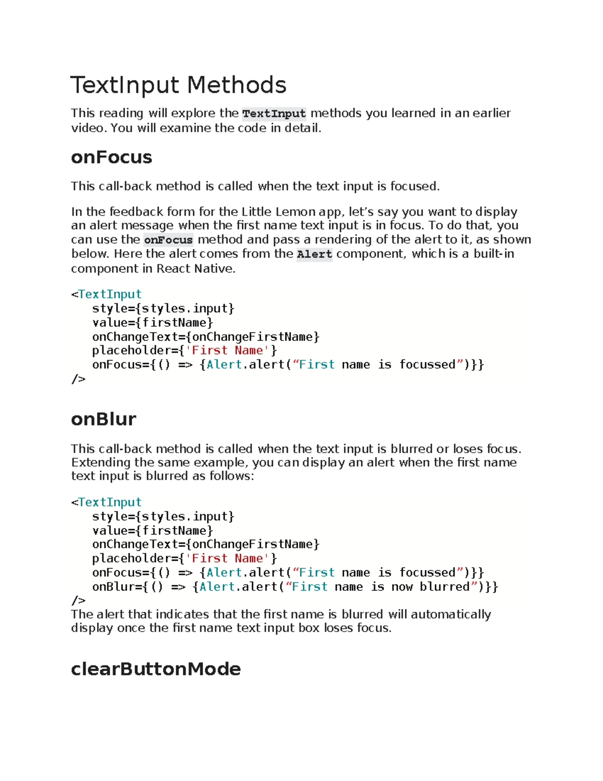 10-Text Input Methods in React Native: Focus & Blur Handling - Studocu