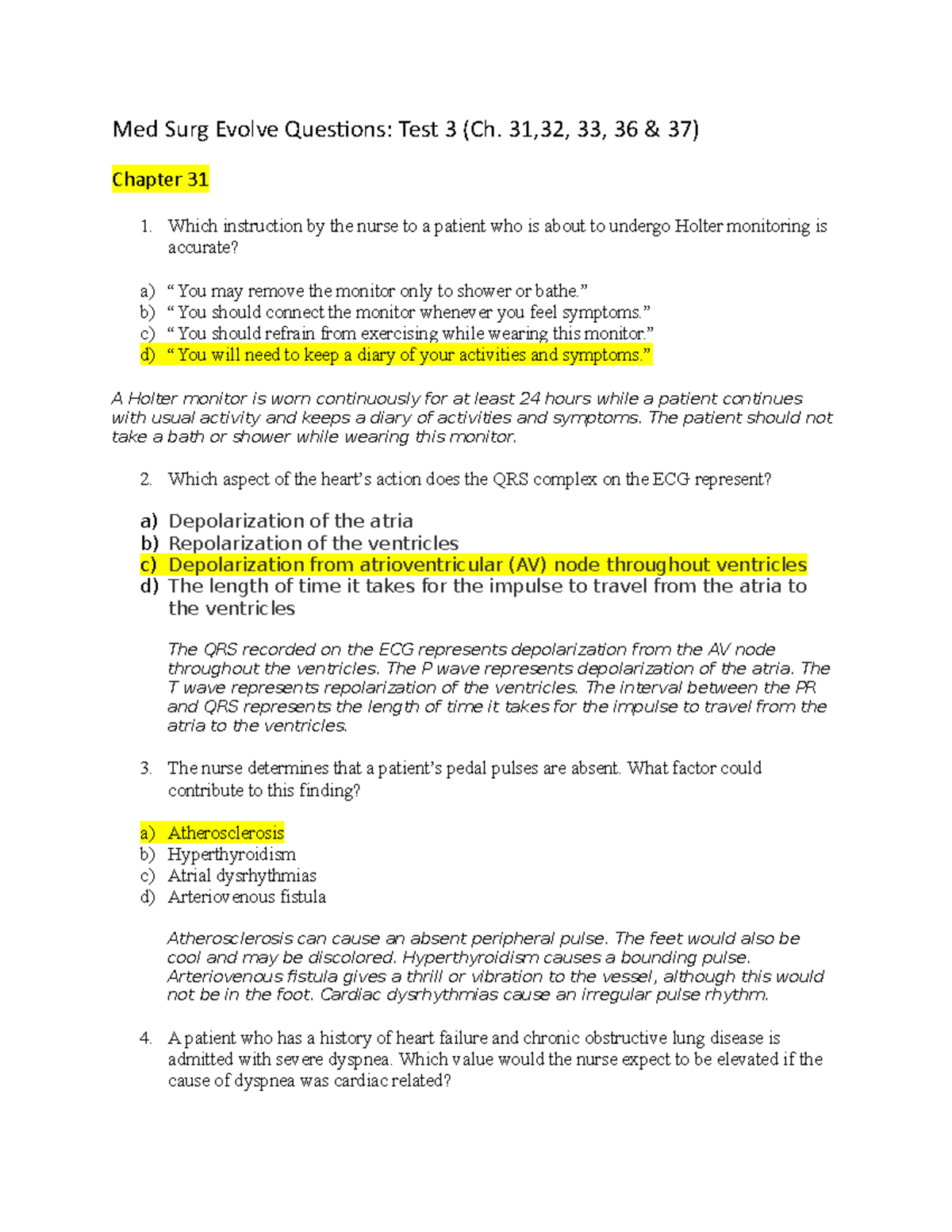 Med Surg Test 3 Evolve Questions: Key Concepts and Review Guide - Studocu