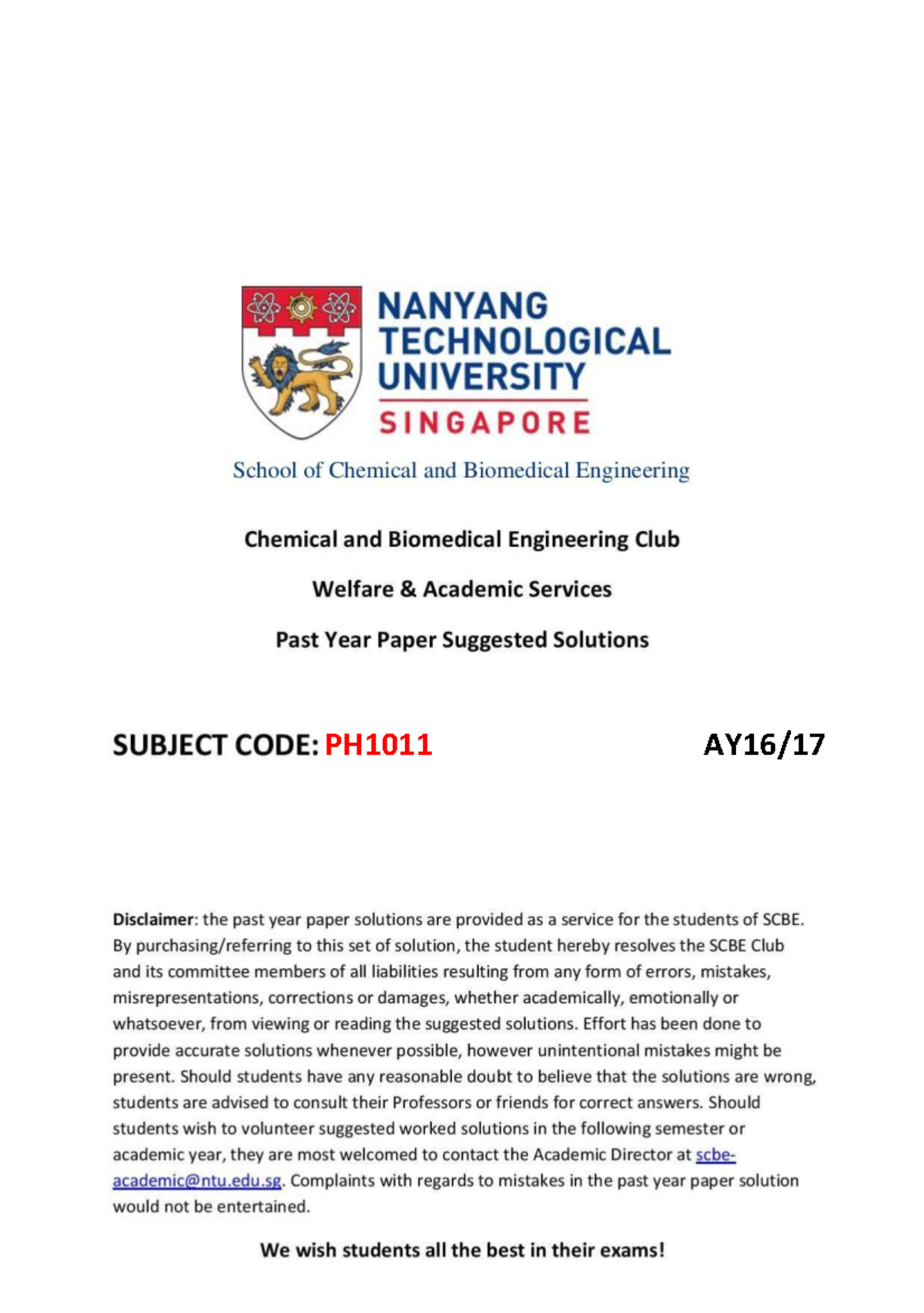 PH1011 AY16-17 Sem 2 Solutions - PH1011 - PH1011 AY16/ - Studocu
