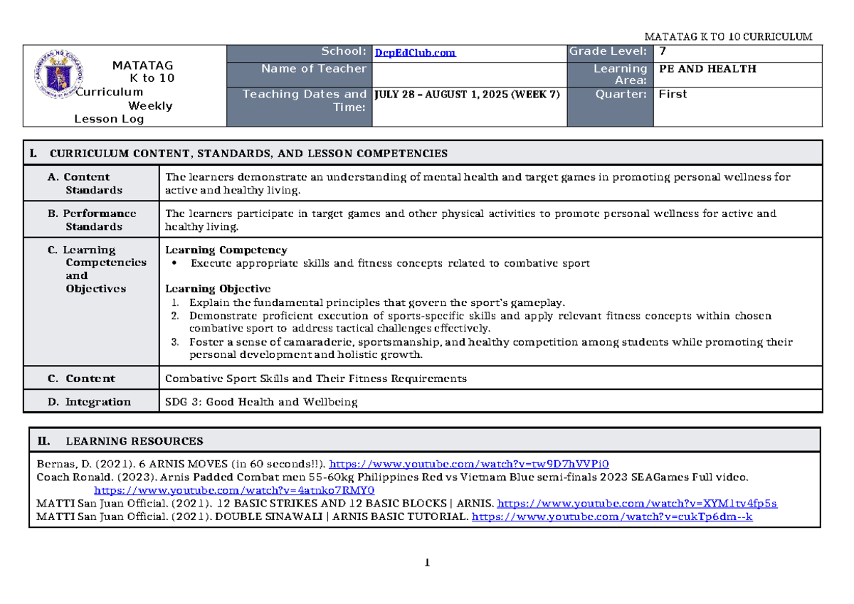 DLL Matatag PE & Health 7 Q1 Week 7-8 Lesson Log - Studocu