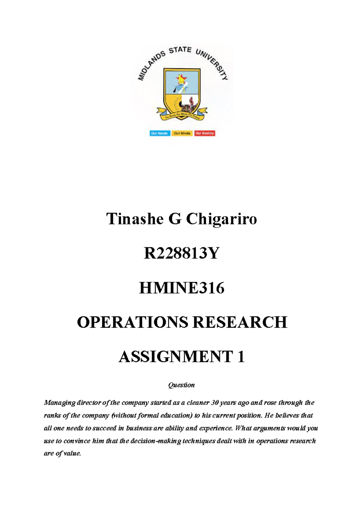 HMINE R228813Y Operations Research Assignment 1 - Decision-Making ...