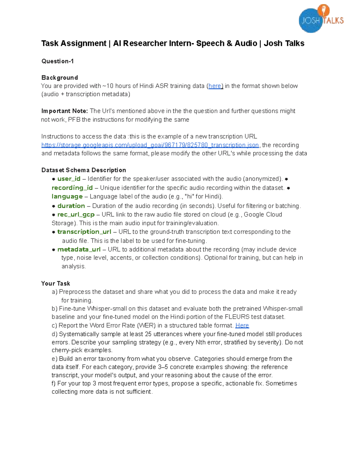 New Task Assignment: AI Researcher Intern - Speech & Audio (Josh Talks ...