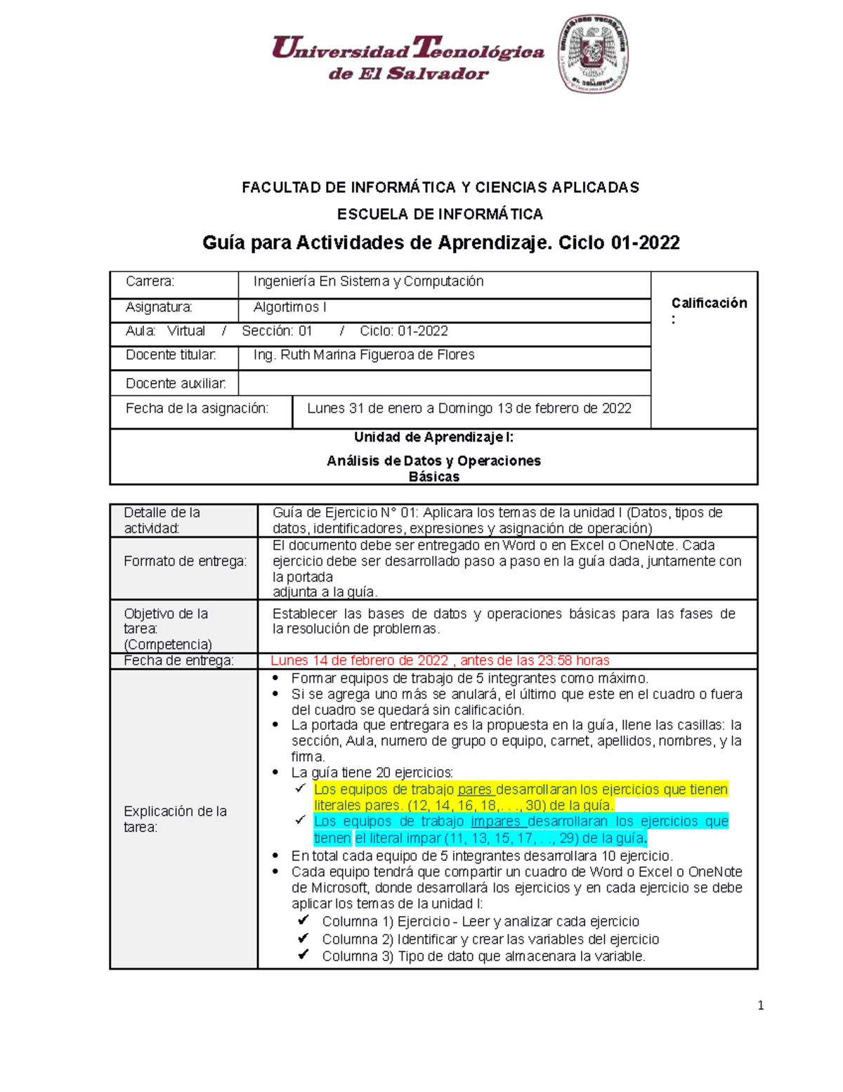 Guia 1 De Algoritmos Variables Y Tipo De Datos Facultad De InformÁtica Y Ciencias Aplicadas