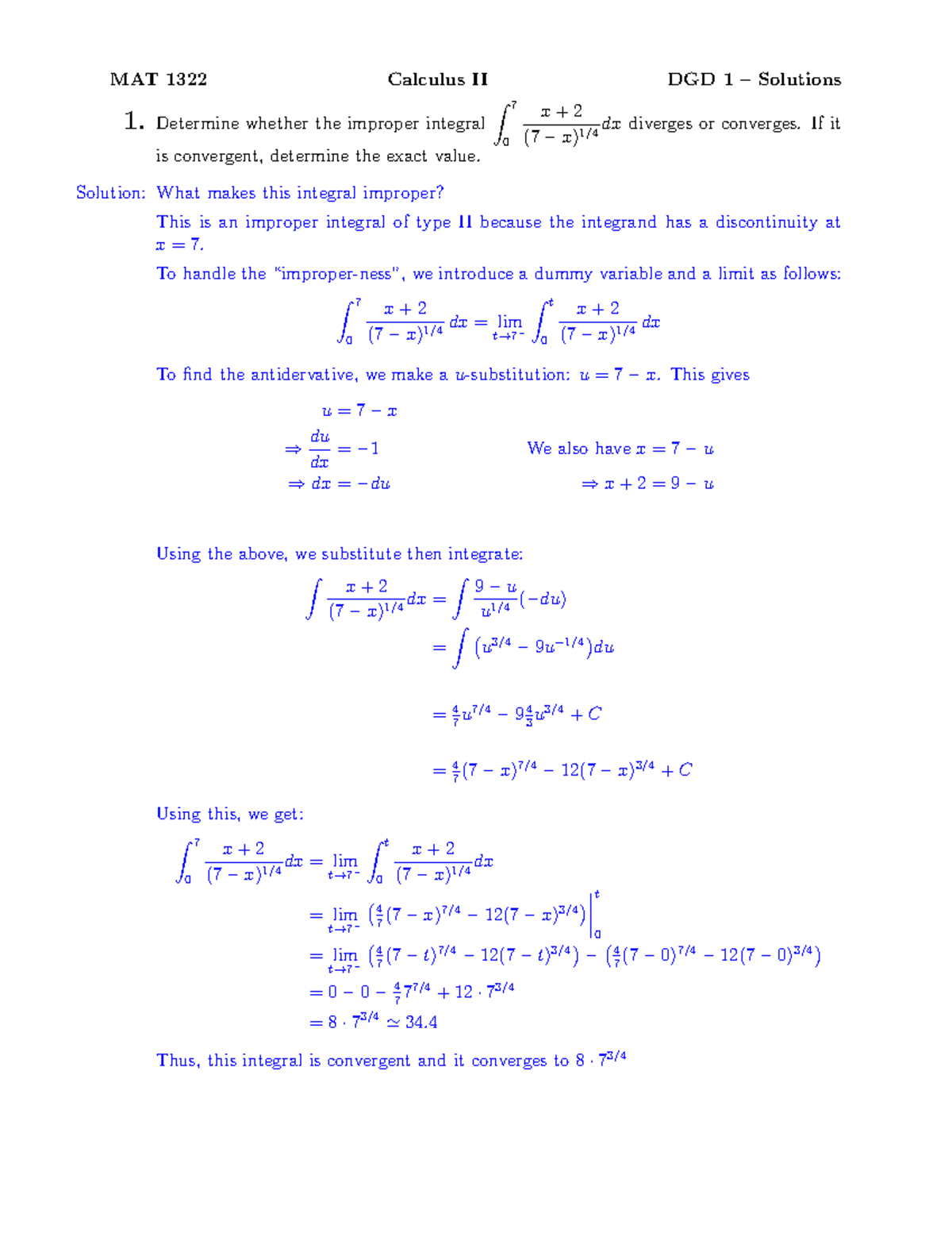 MAT 1322 Calculus II DGD 1 Solutions: Convergence of Improper Integrals ...