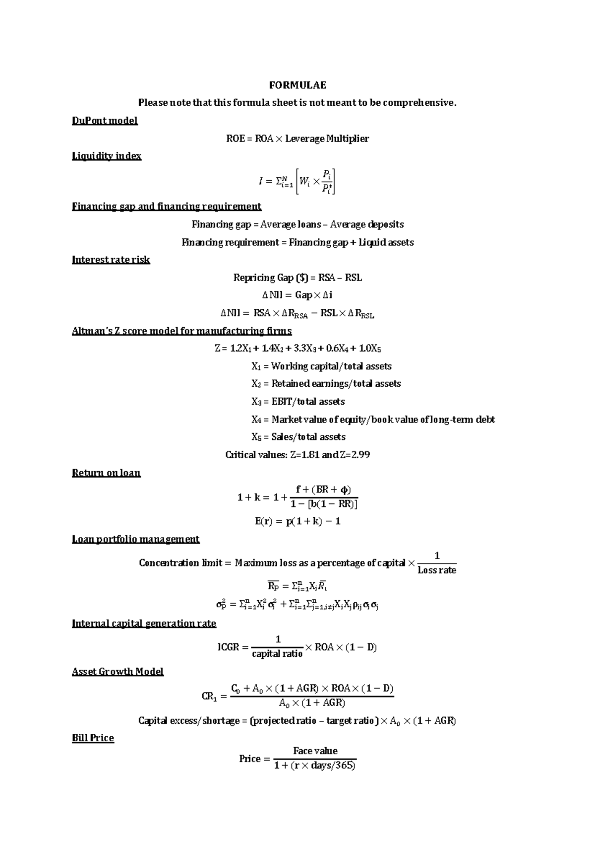Formula Sheet - Summary of Commercial Banking & Finance Concepts - Studocu