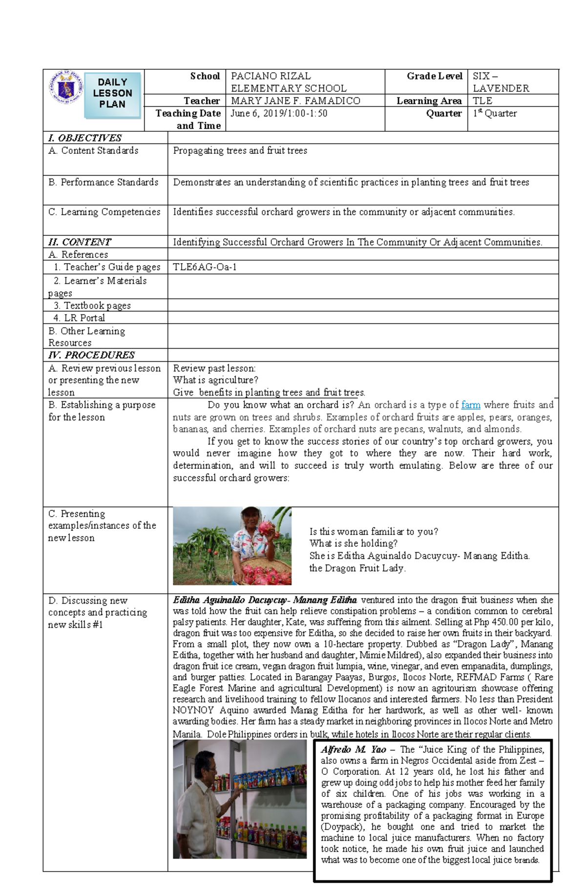 Identifying Successful Orchard Growers in TLE6 Lesson Plan - Studocu