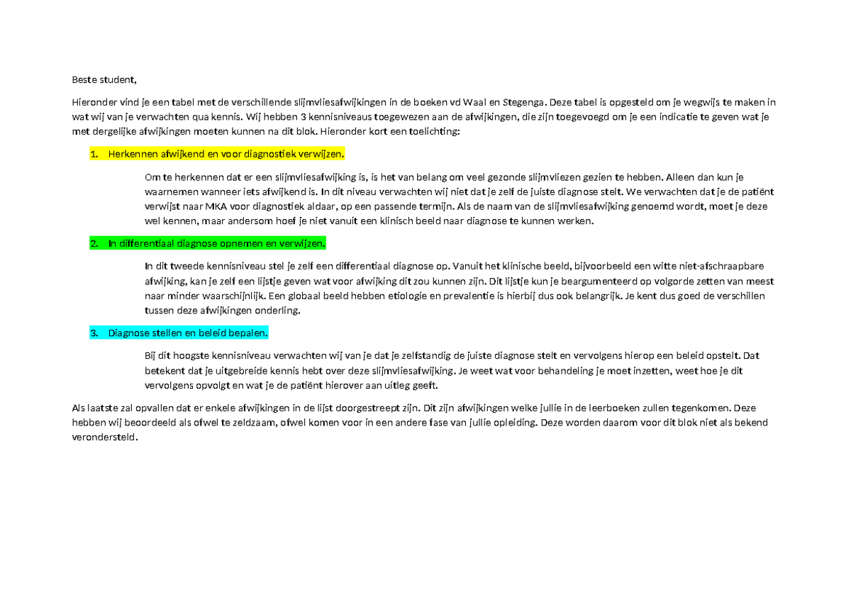 Overzicht van Slijmvliesafwijkingen en Kennisniveaus (MTI7) - Studeersnel