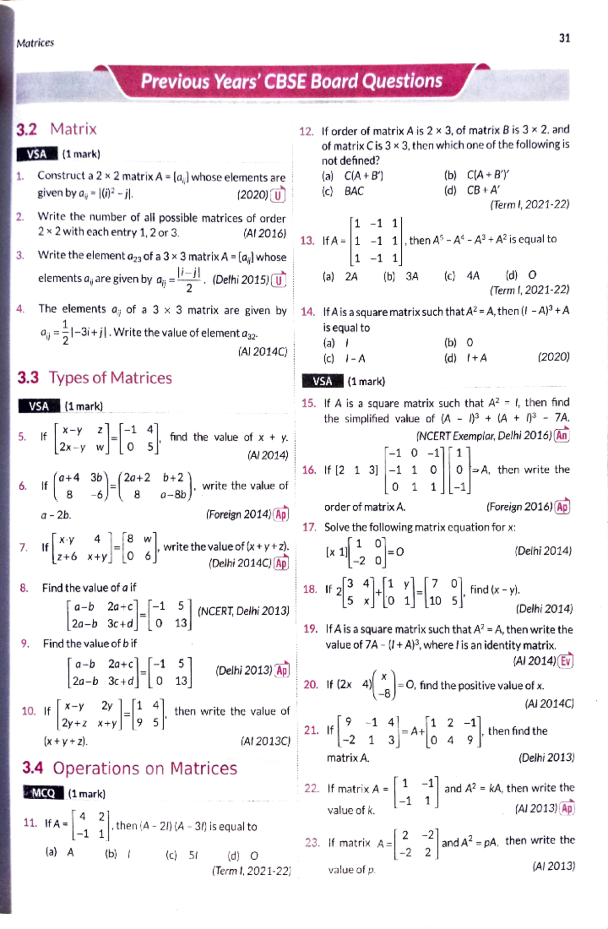Matrix(mtg) - very nice - Matrices 3 Matrix VSA (1 mark) 1. 3 2. Write ...