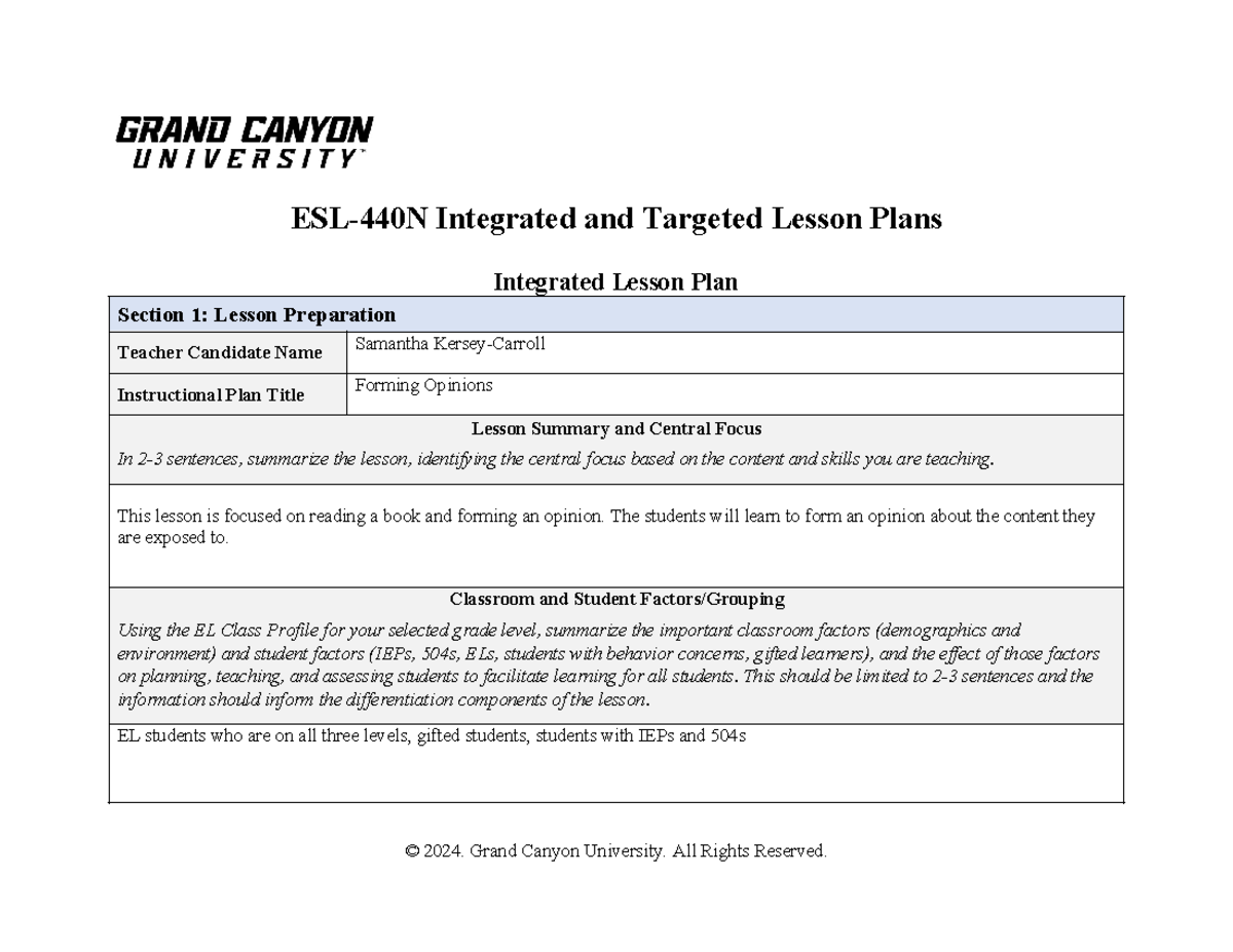 ESL-440N-RS-T7-Integrated & Targeted Lesson Plans Overview - Studocu