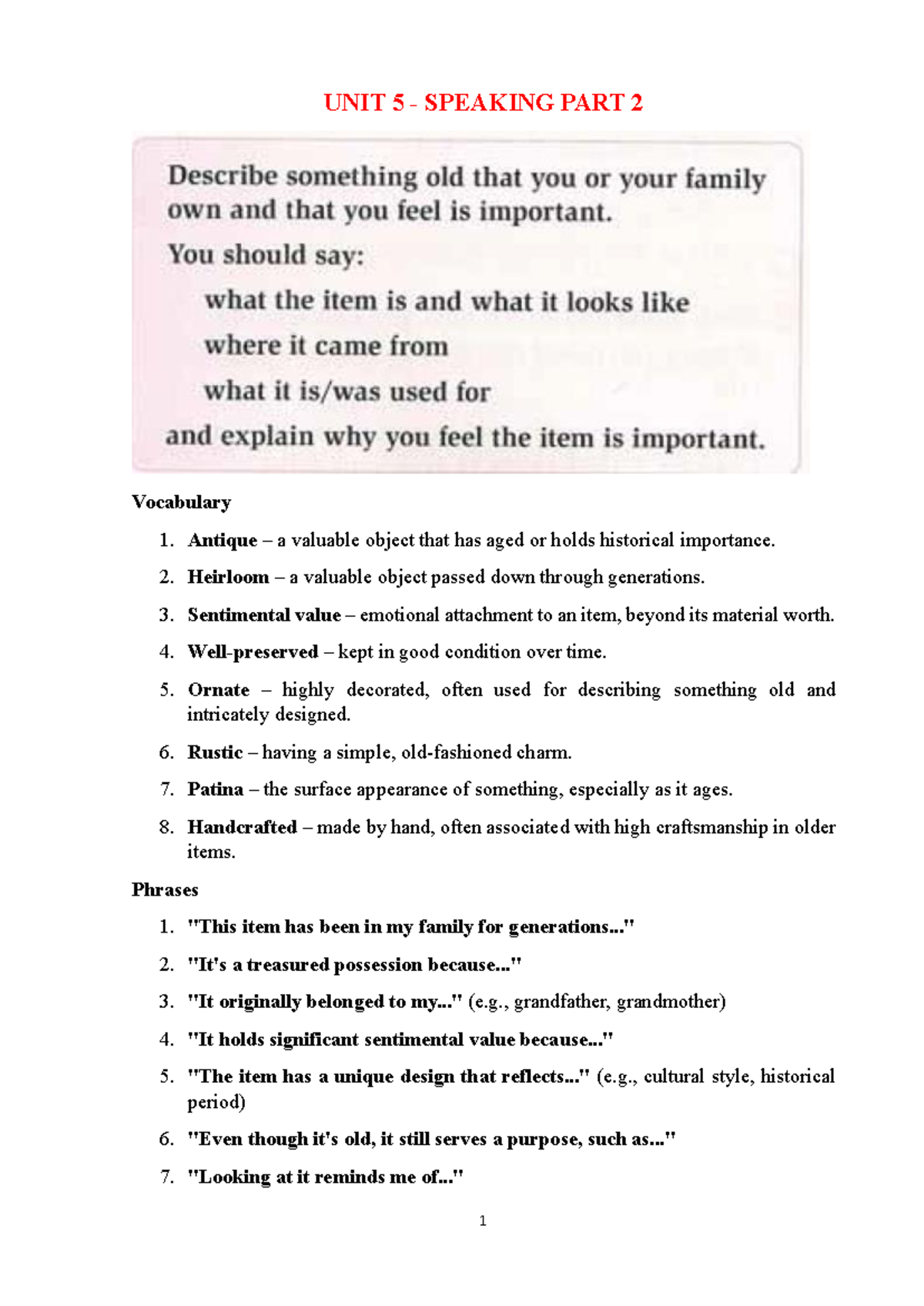 UNIT 5 - Speaking - PART 2 - 1 UNIT 5 - SPEAKING PART 2 Vocabulary 1 ...