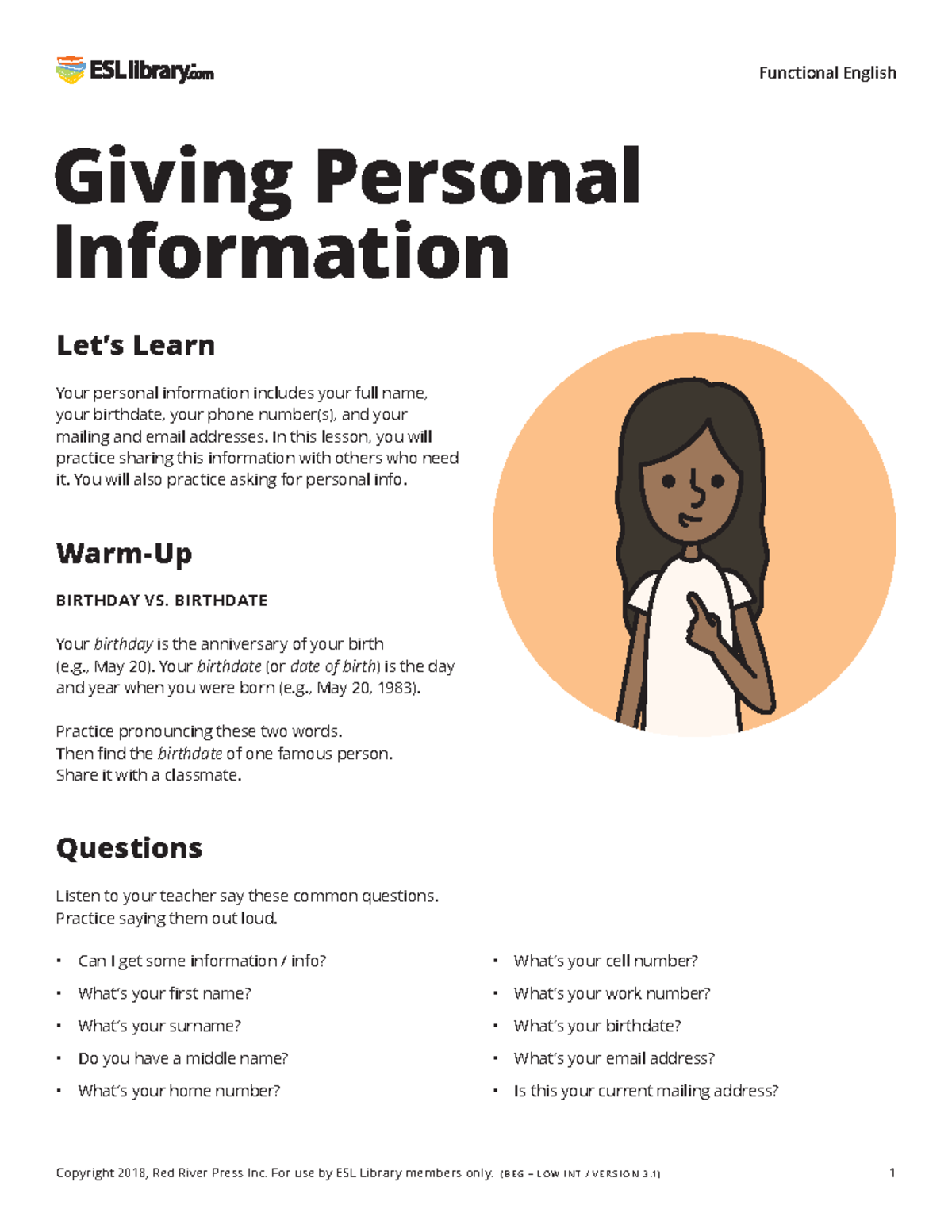 01 92 Giving-Personal-Information US - Functional English Giving ...