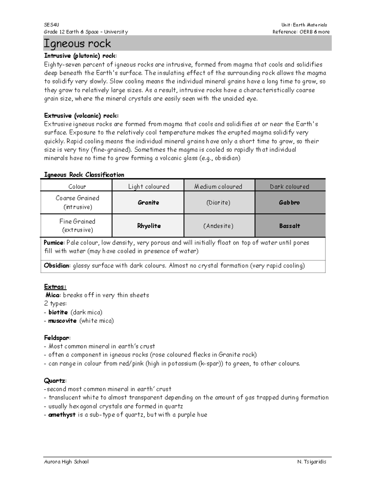 SES4U Igneous Rocks Notes: Intrusive & Extrusive Characteristics - Studocu