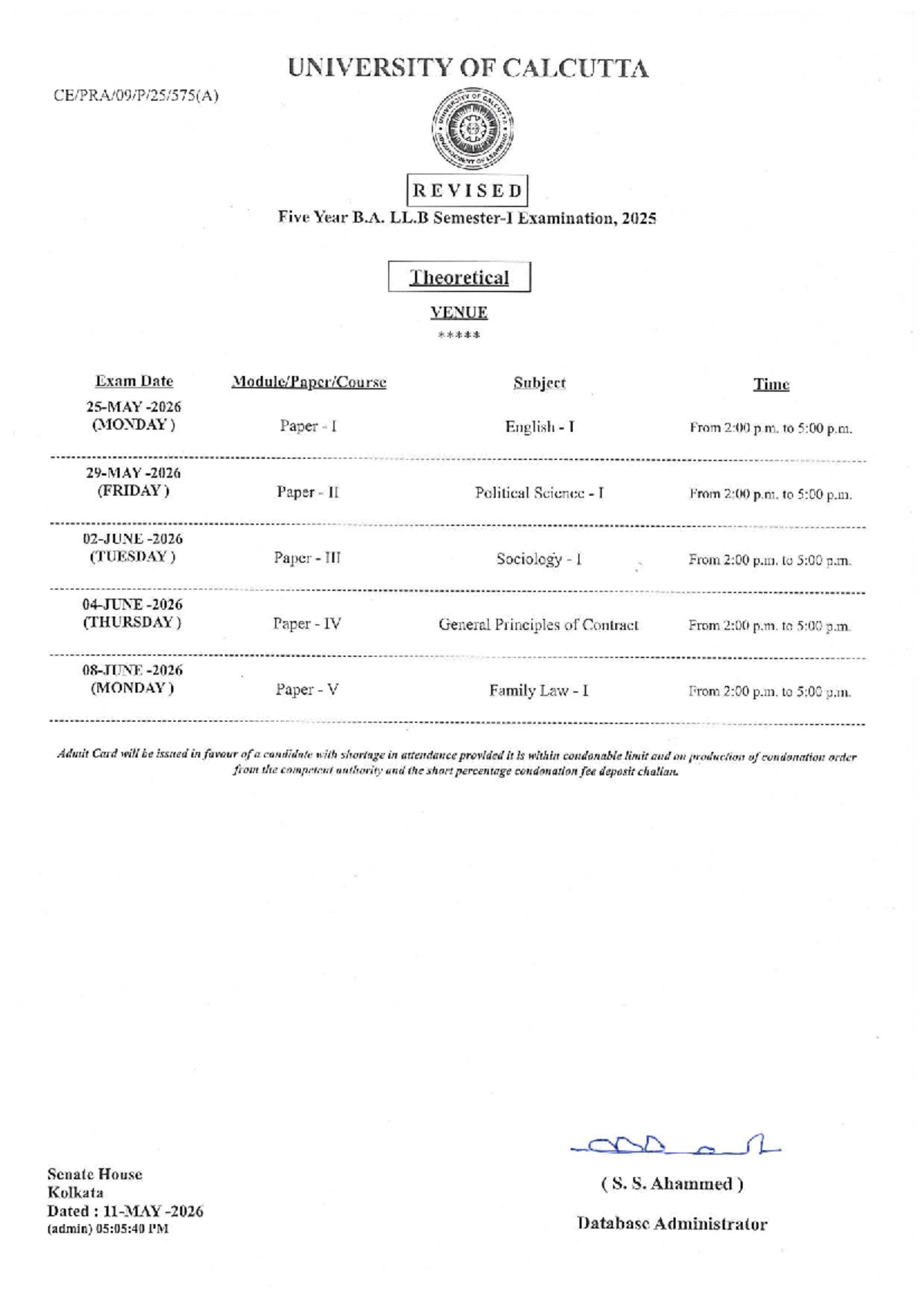 B.A. LL.B Exam Schedule 2025 - University of Calcutta - Studocu