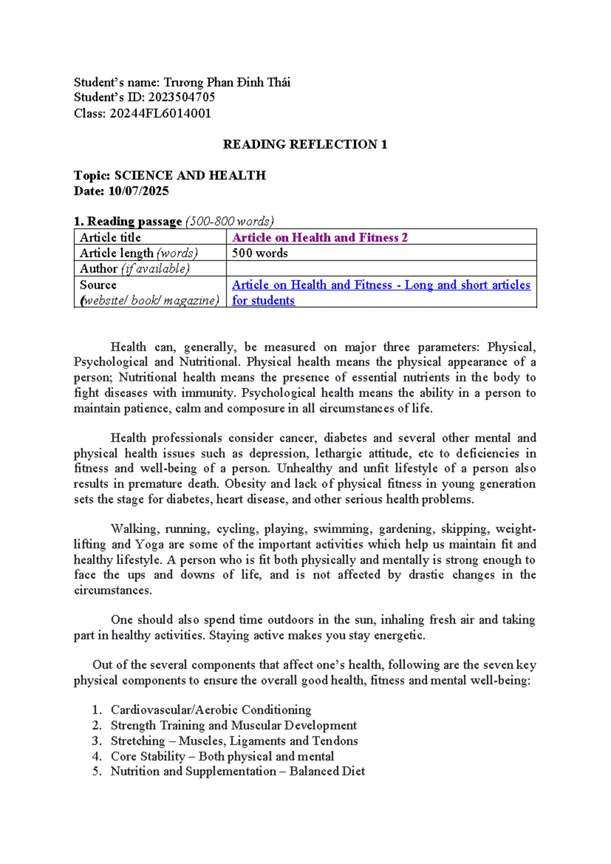 215086 D10101205 Reading Reflection 1: Health & Fitness Insights - Studocu