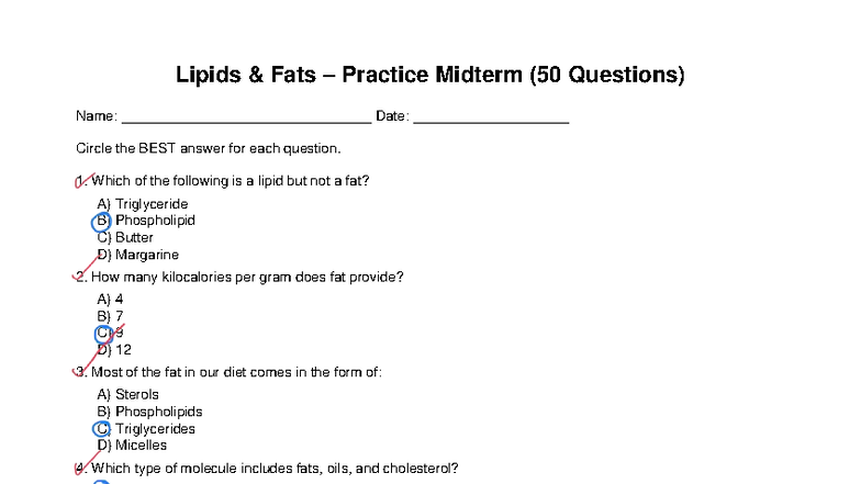 Nutrition Midterm #2 Practice Exam: Lipids and Fats (50 Questions ...