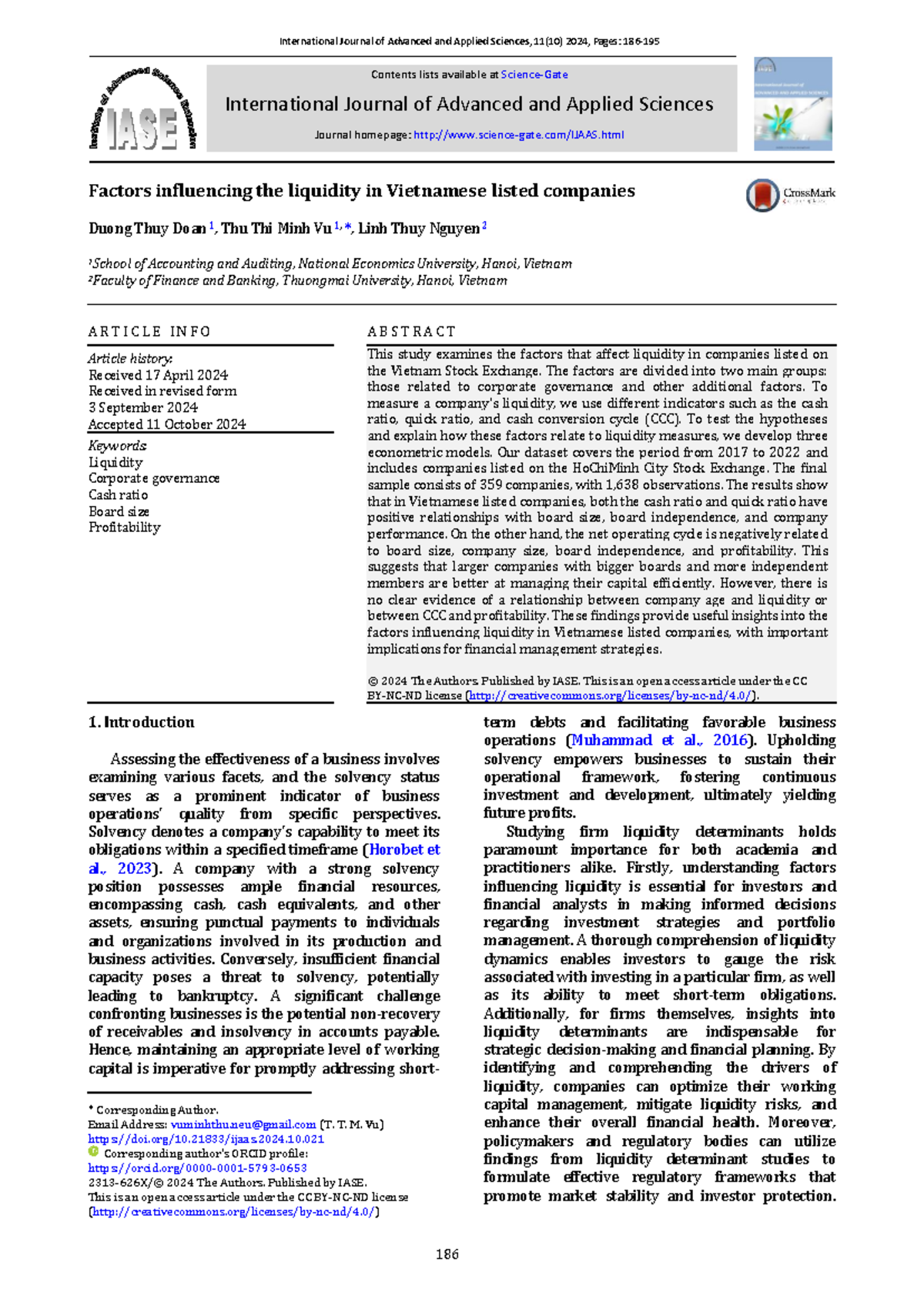 Factors Influencing Liquidity in Vietnamese Listed Companies (2024 ...