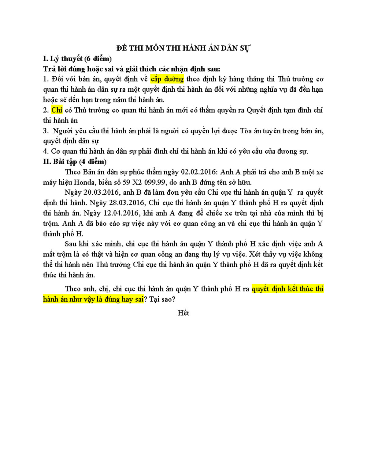 ĐỀ THI MÔN THI HÀNH ÁN DÂN SỰ I: Lý Thuyết và Bài Tập - Studocu