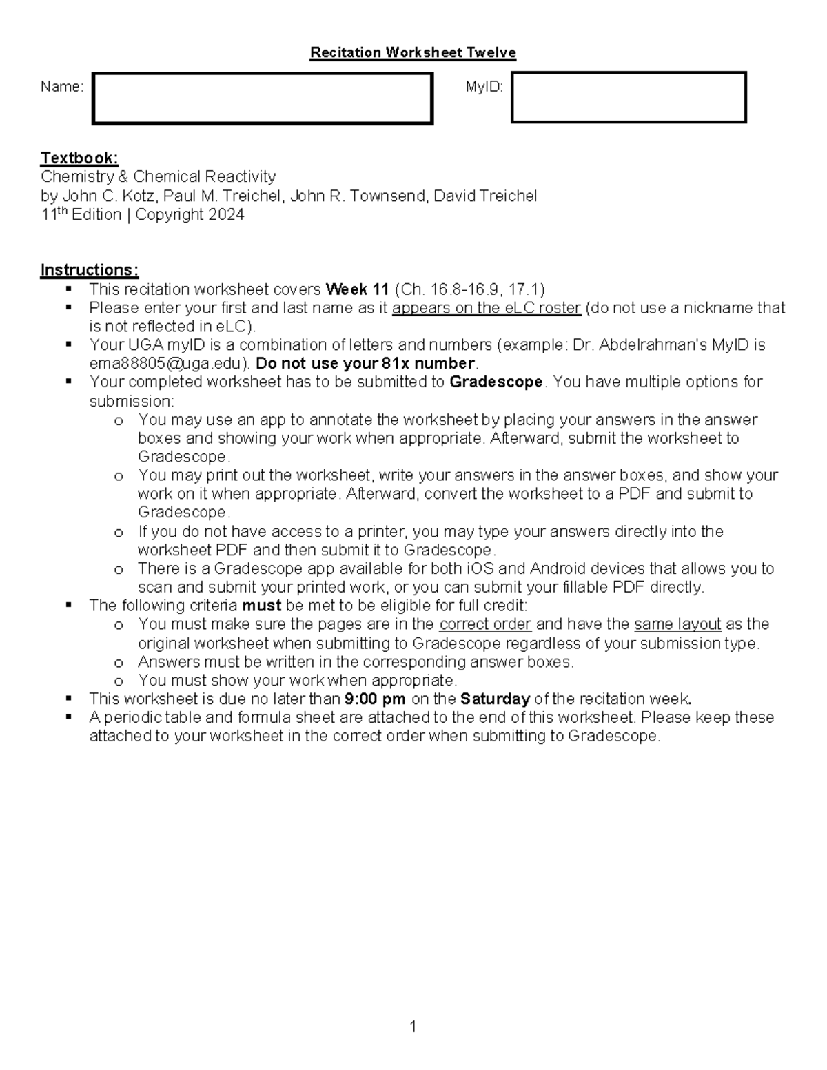Recitation Worksheet 12: Chemistry Ch. 17.1 Review - Studocu