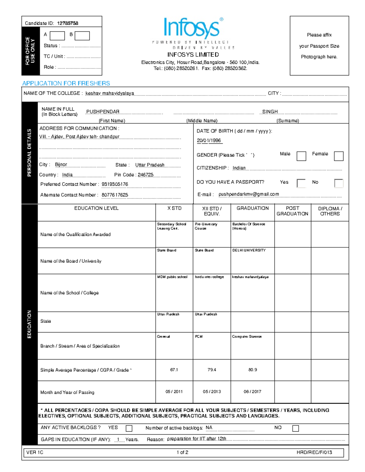 Application Form - vbnm - VER 1C 1 of 2 HRD/REC/F/ - Studocu