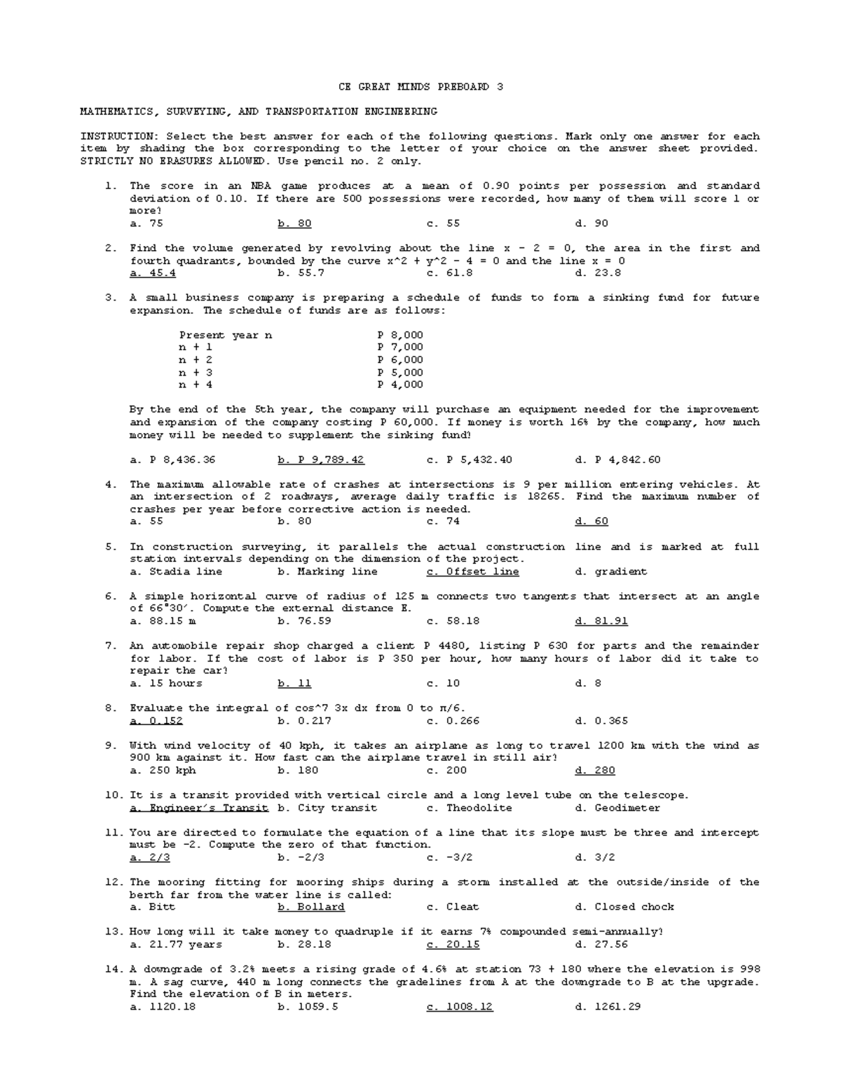 Math Preboard 3A - Practice Problems in Mathematics & Engineering - Studocu