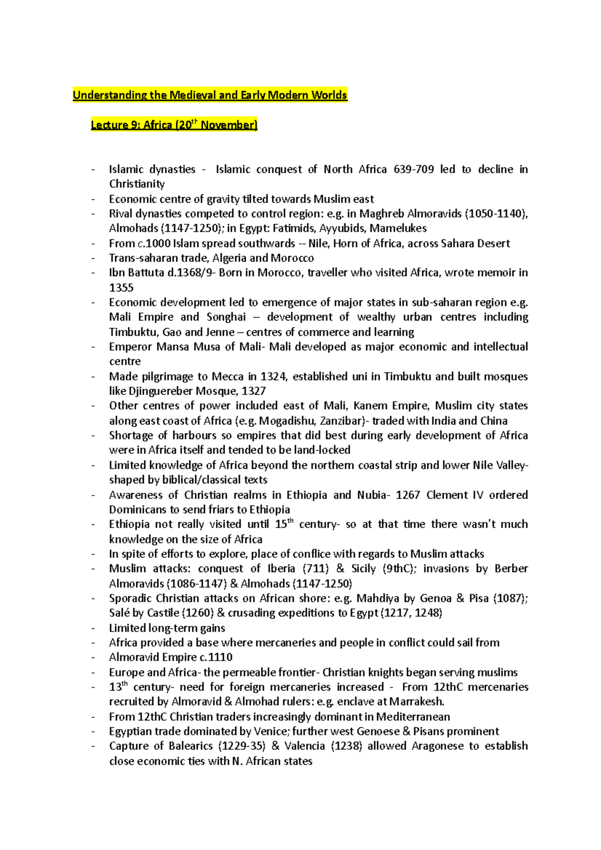 Medieval World Lecture 9: Islamic Dynasties and African Dynamics - Studocu