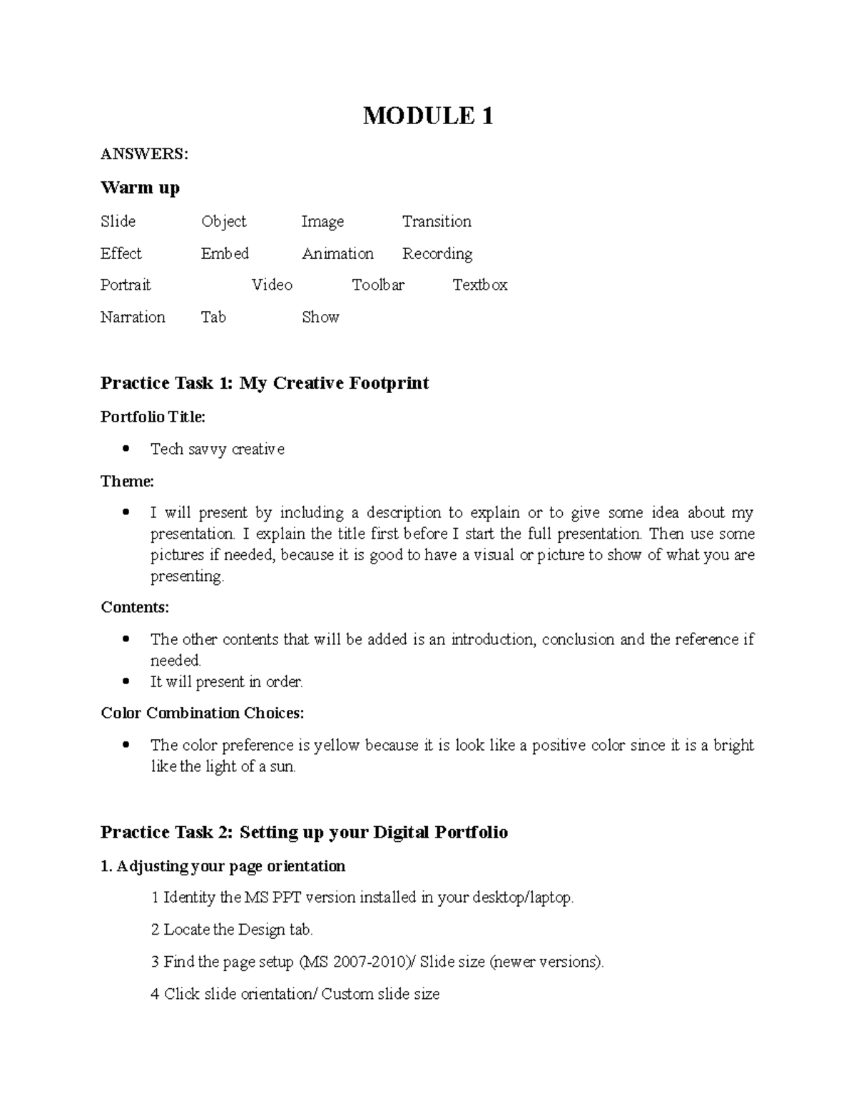 Creative Writing Module 1 to 2 - MODULE 1 ANSWERS: Warm up Slide Object ...