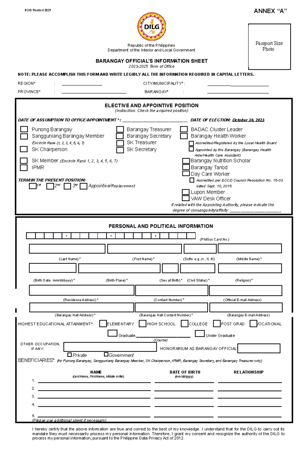 BOIS Form Revised 2023 - Annex A for DILG Barangay Officials - Studocu
