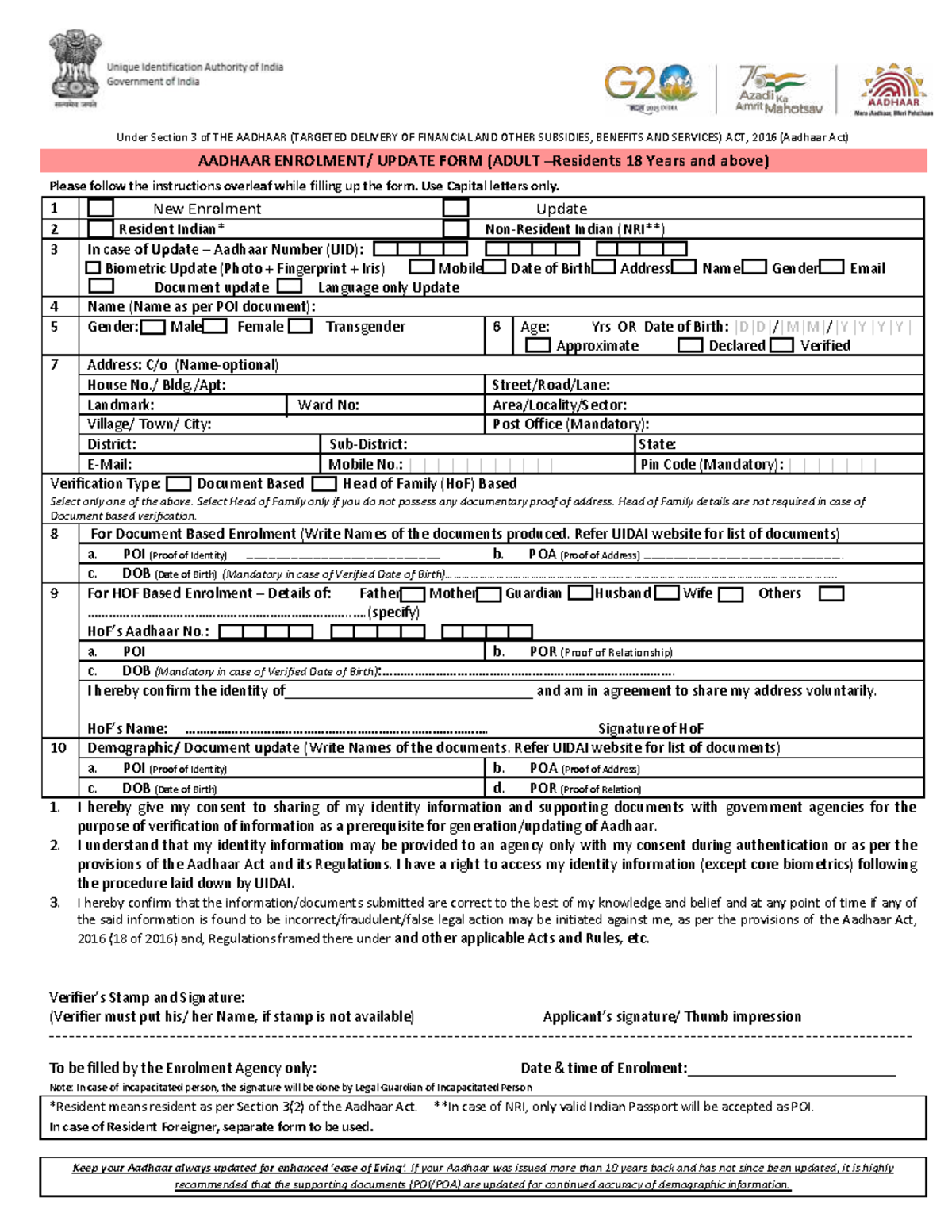 AADHAAR Update Form (Adult 18+) - Enrolment & Document Update V3 - Studocu