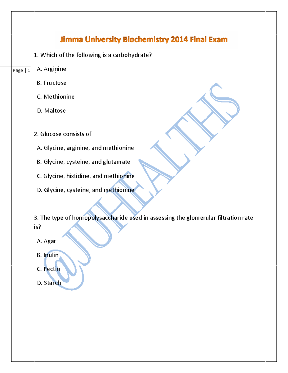 Jimma University Biochemistry 2014 Final Exam Questions - Studocu
